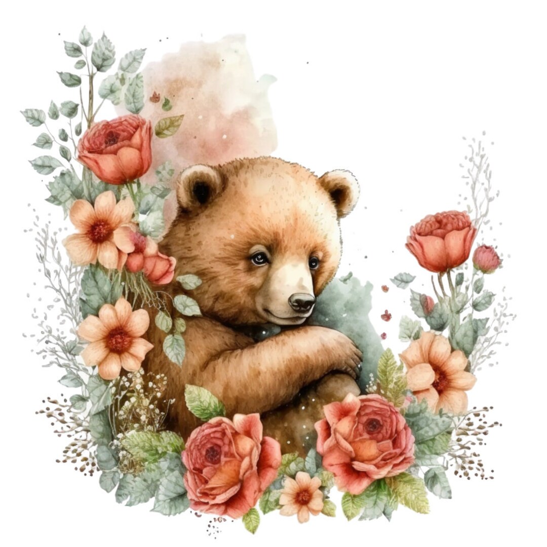 Teddy Bear Floral 100% Cotton Fabric Panel Square Small Quilting Sewing ...