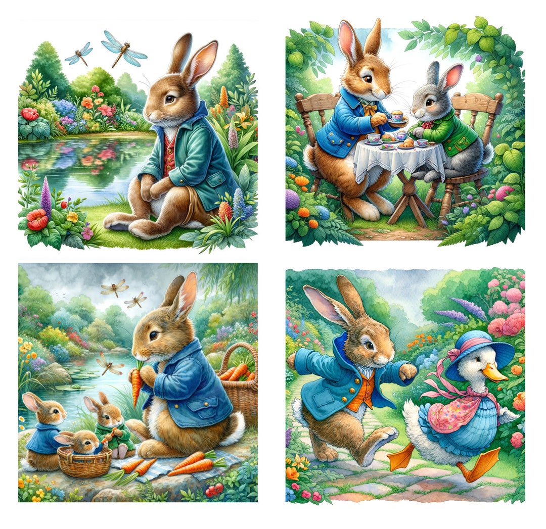 4 Piece 3x3 Garden Rabbits Fabric Panel Squares 100% Cotton Mini Fabric ...