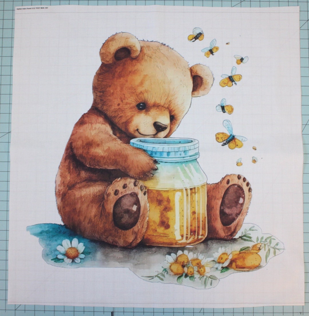 Teddy Bear With Honey 100% Cotton Fabric Panel Square Small Quilting ...