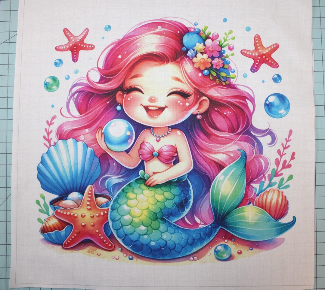 Mermaid 100% Cotton Fabric Panel Square Small Quilting Sewing Block ...