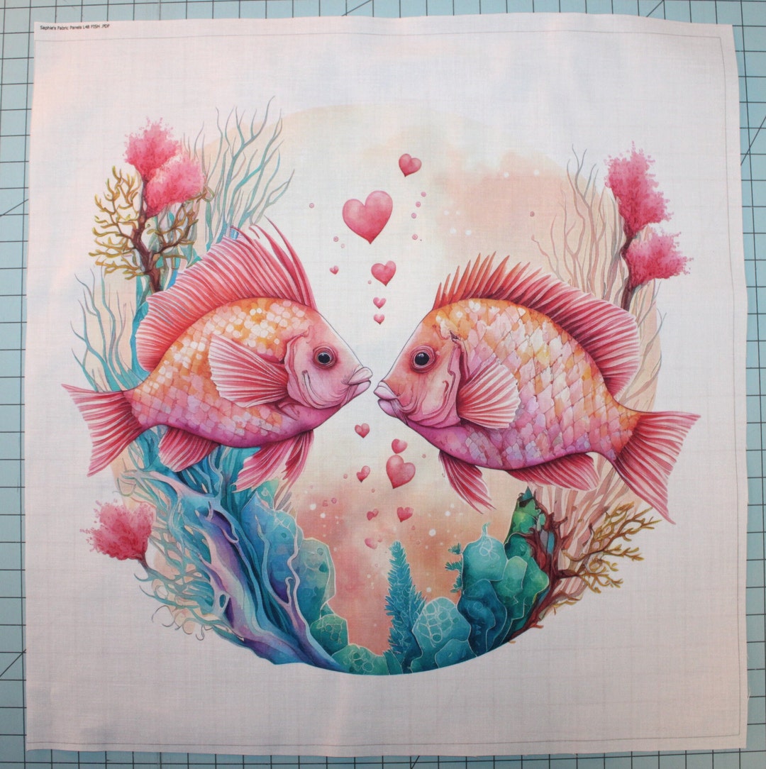 Fish in Love 100% Cotton Fabric Panel Square Small Quilting Sewing ...