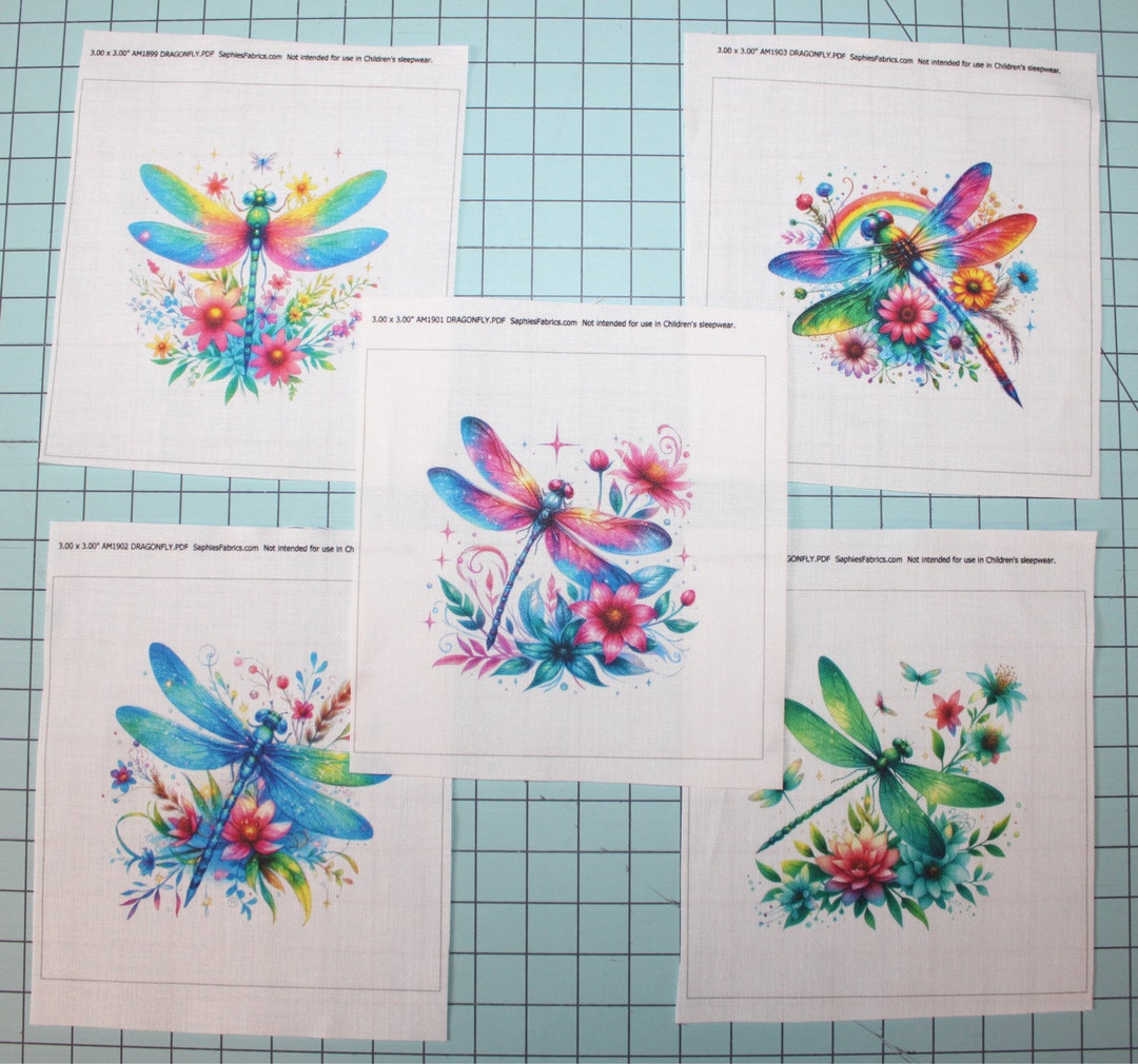 5 Piece 3x3 Dragonflies Fabric Panel Squares 100% Cotton Mini Fabric ...