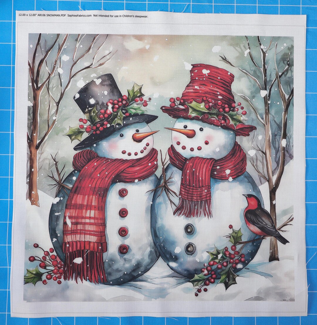 Snowman Couple 100% Cotton Fabric Panel Block | Small Quilting Sewing ...