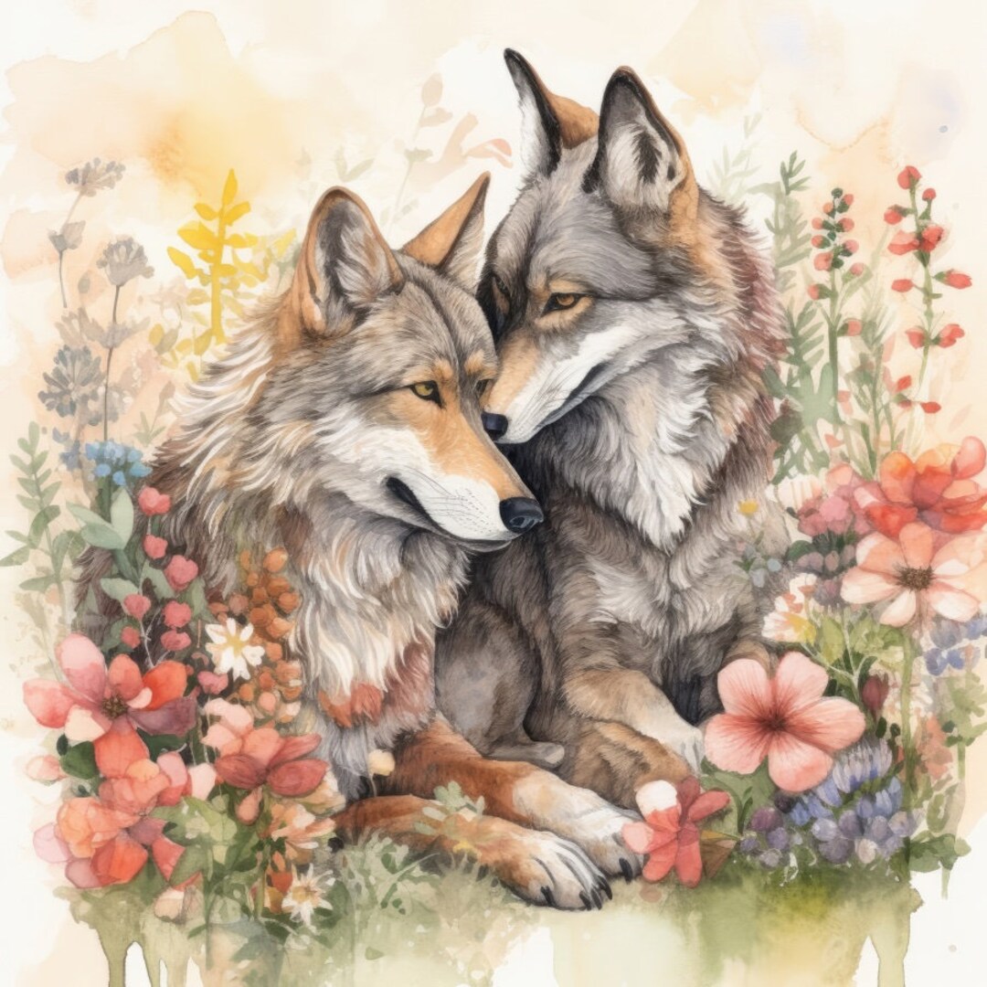 Wolves Wolf in Flowers 100% Cotton Fabric Panel Square Small Sewing ...