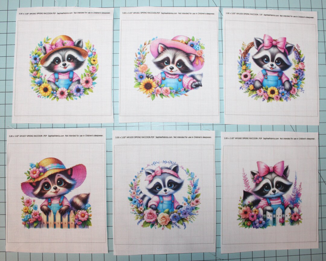 6 Piece Mini 3x3 Spring Raccoons Fabric Panel Blocks 100% Cotton Mini ...