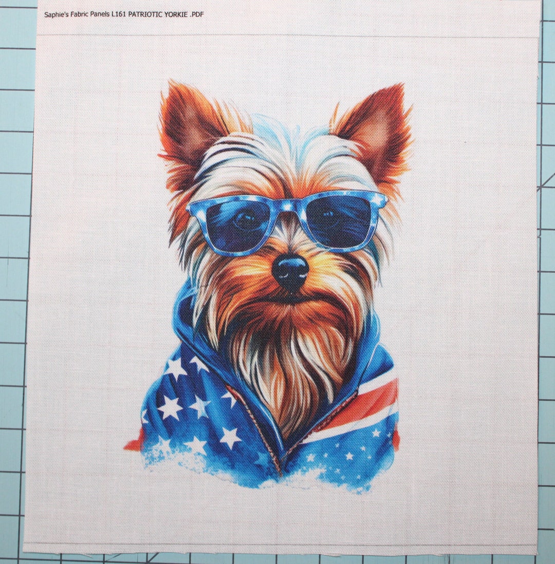 Patriotic Yorkie 100% Cotton Fabric Panel Block Small Sewing Quilting ...