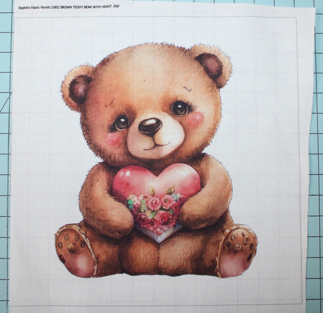 Teddy Bear Holding Heart 100% Cotton Fabric Panel Square Small Sewing ...