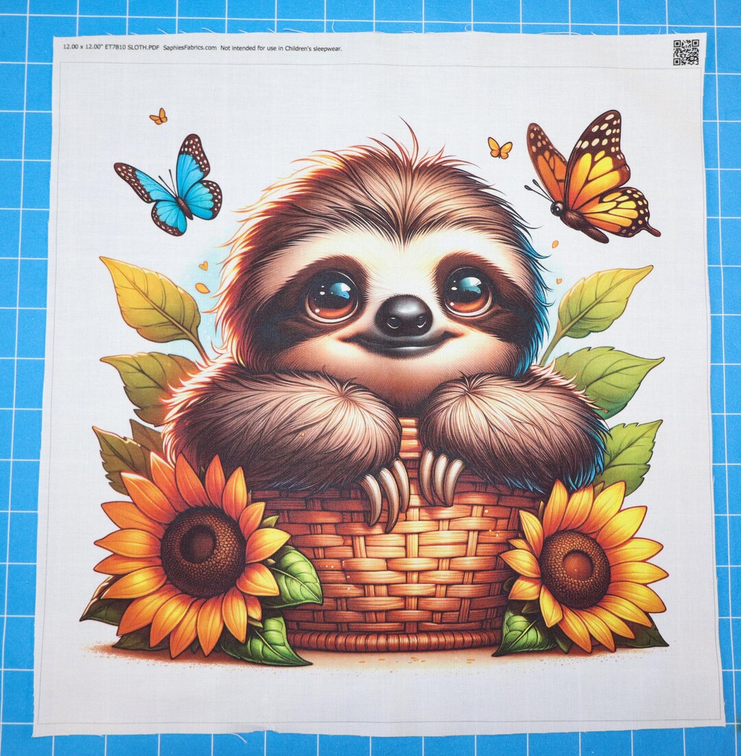 Sloth & Sunflowers 100% Cotton Fabric Panel Block | Small Sewing ...