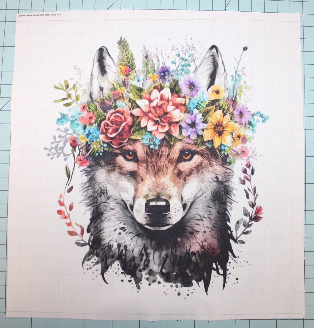 Boho Wolf 100% Cotton Fabric Panel Square Small Quilting Sewing Panel ...