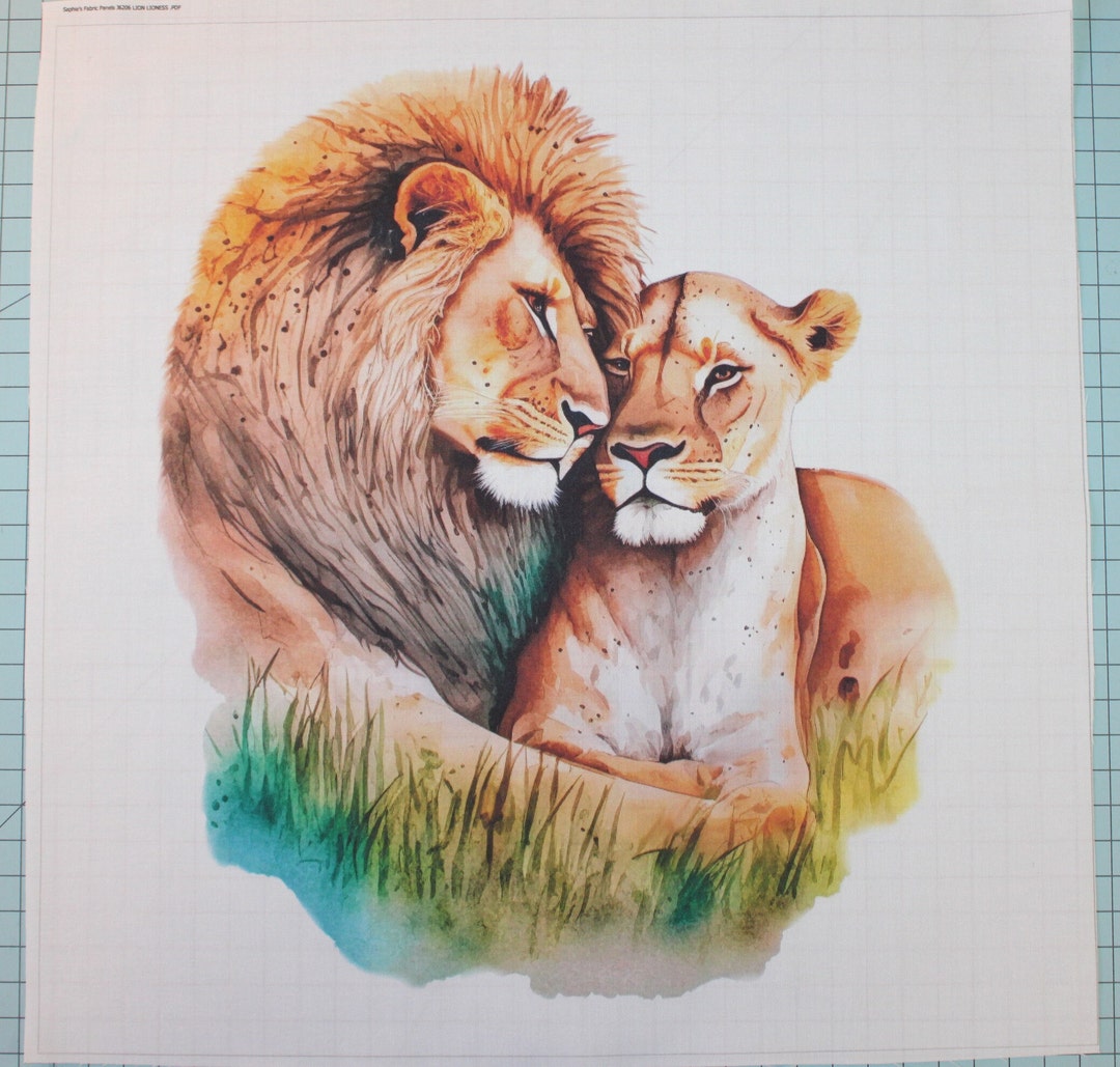 Lion & Lioness 100% Cotton Fabric Panel Square Small Quilting Sewing ...