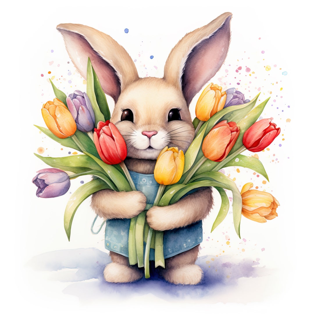 Rabbit Bunny Tulips 100% Cotton Fabric Panel Square Small Sewing ...