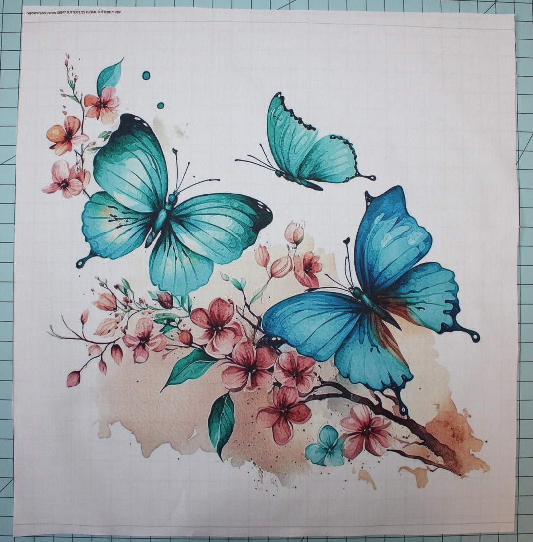 Blue Butterfly Floral 100% Cotton Fabric Panel Square Small Quilting ...
