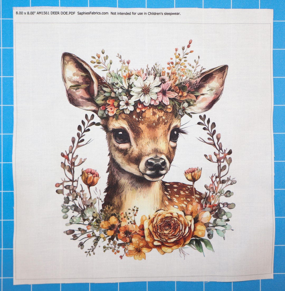 Doe Deer Floral 100% Cotton Fabric Panel Block | Small Quilting Sewing ...