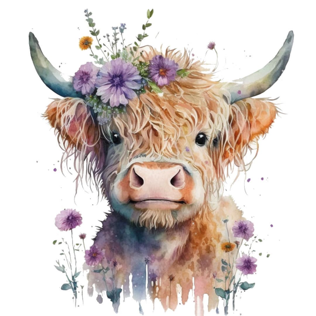 Purple Floral Highland Cow 100% Cotton Small Fabric Panel - Etsy