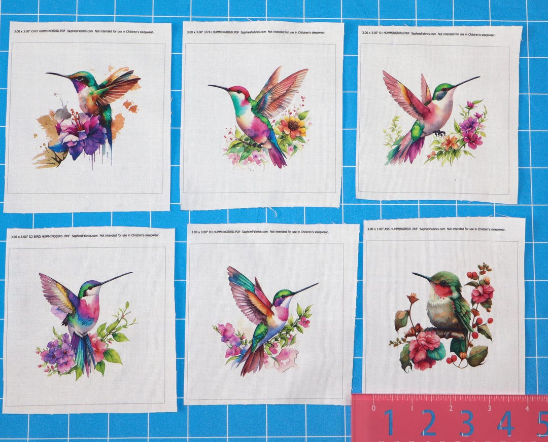 6 Piece Mini 3"x3" Hummingbirds Fabric Panel Blocks | 100% Cotton ...