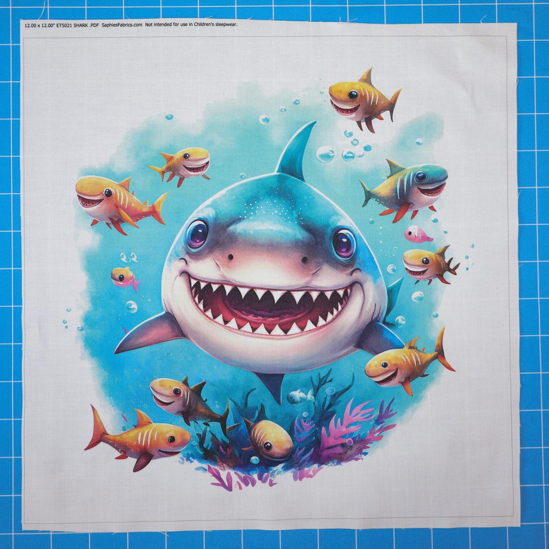 Shark Sea 100% Cotton Fabric Panel Block | Small Quilting Sewing Square ...