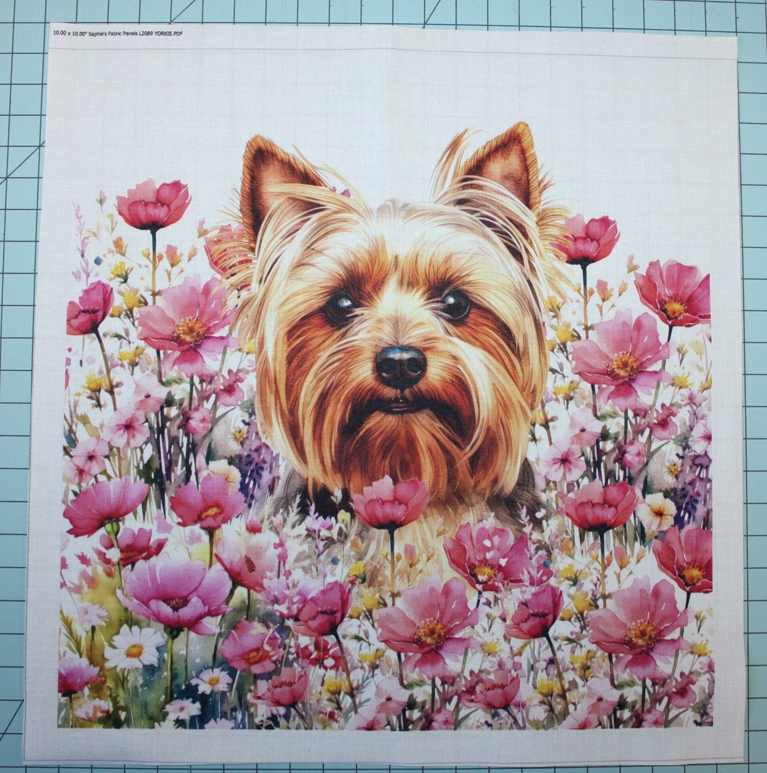 Floral Yorkie 100% Cotton Fabric Panel Block Small Sewing Quilting ...
