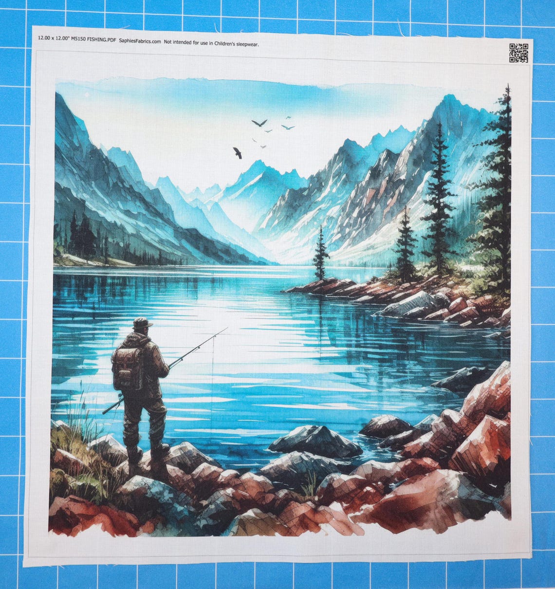 Man Fishing in Lake 100% Cotton Fabric Panel Block Quilt Square M5150 ...