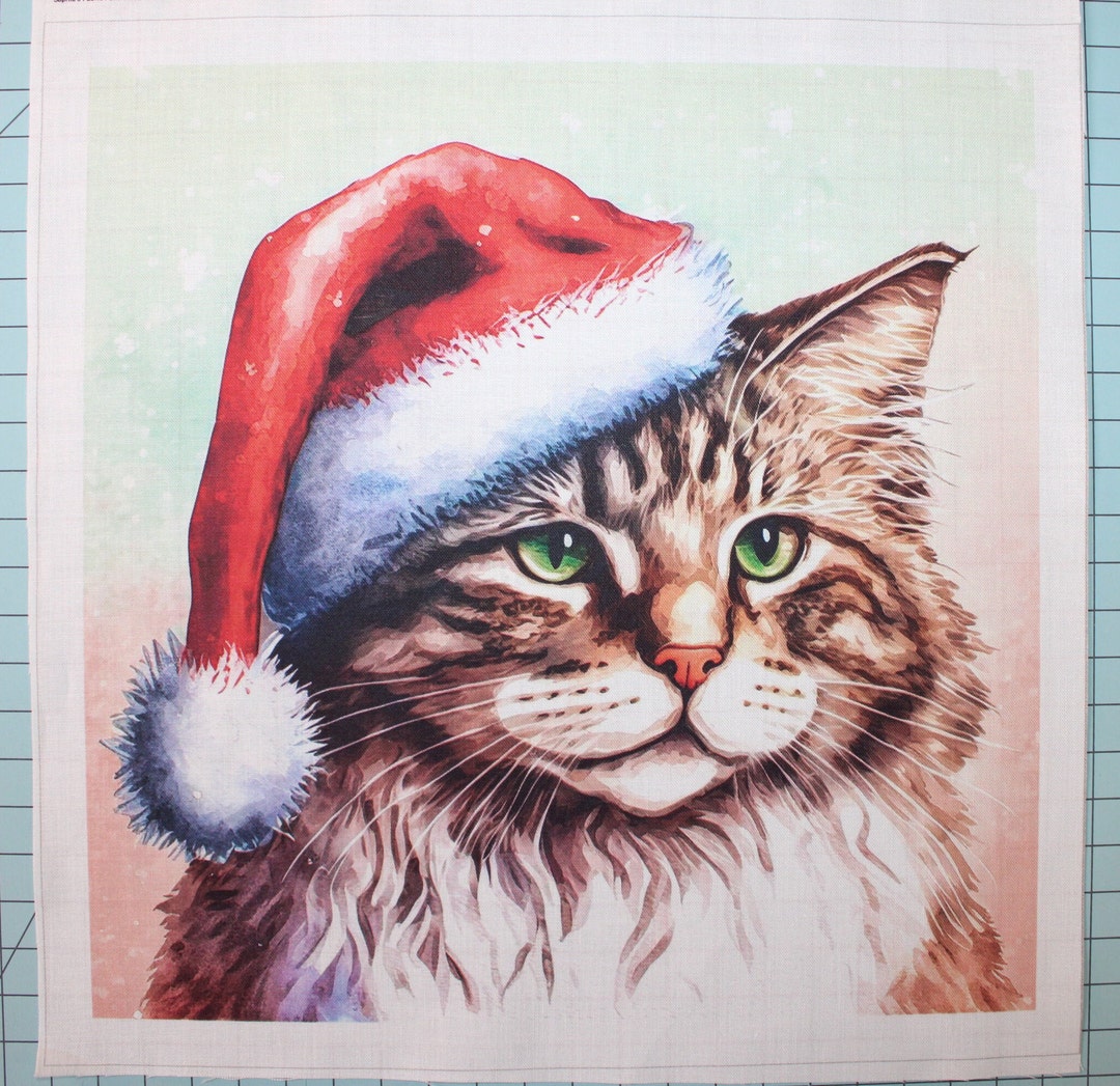Festive Christmas Cat 100% Cotton Fabric Panel Square Small Quilting ...
