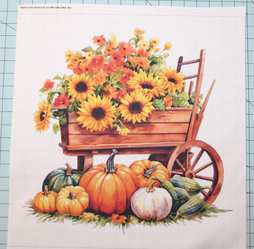 Fall Autumn Flowers & Pumpkins 100% Cotton Fabric Panel Square Small ...