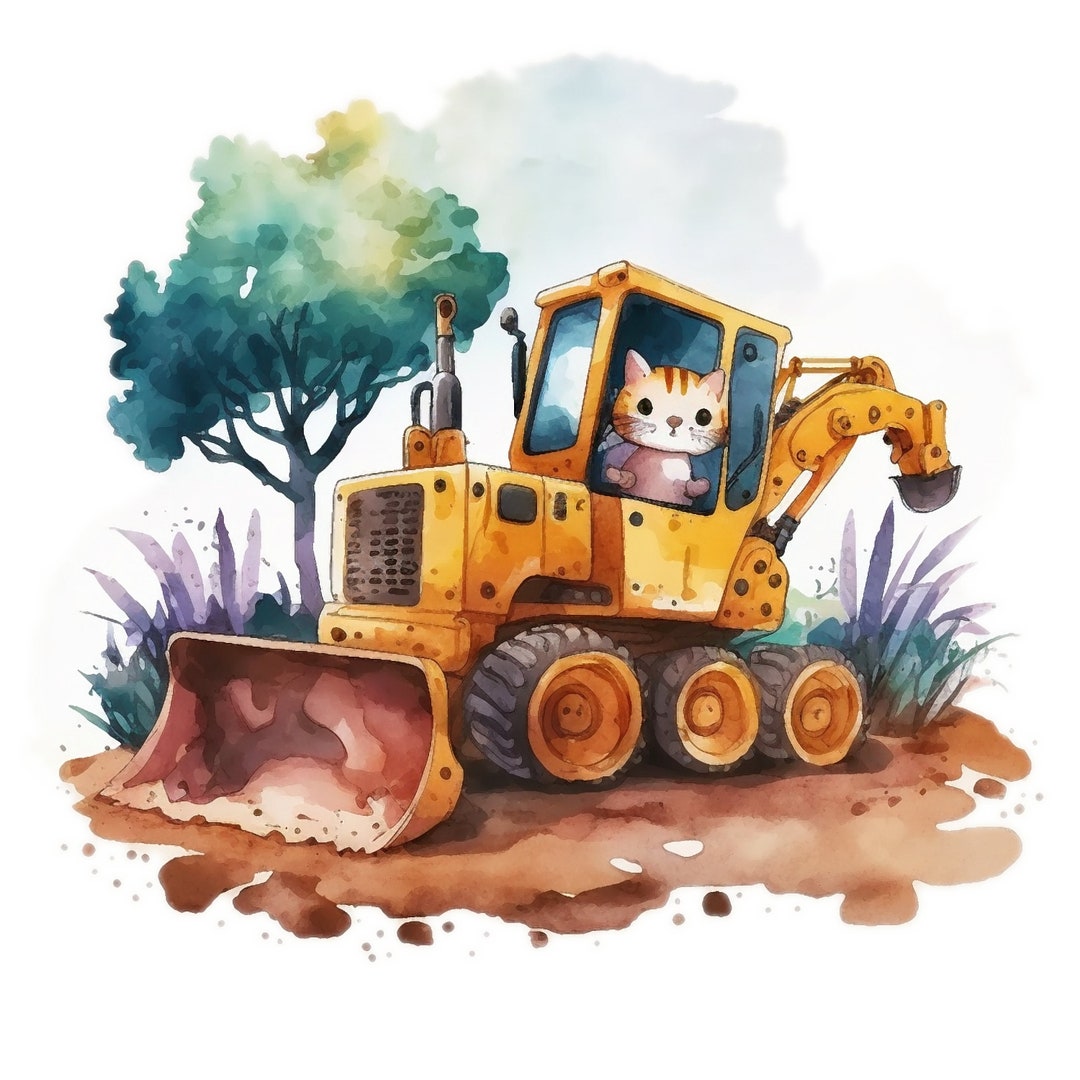 Cat in Bulldozer 100% Cotton Fabric Panel Square Small Quilting Sewing ...