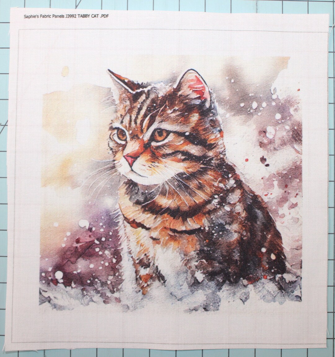 Snowy Winter Tabby Cat 100% Cotton Fabric Panel Square Small Quilting ...