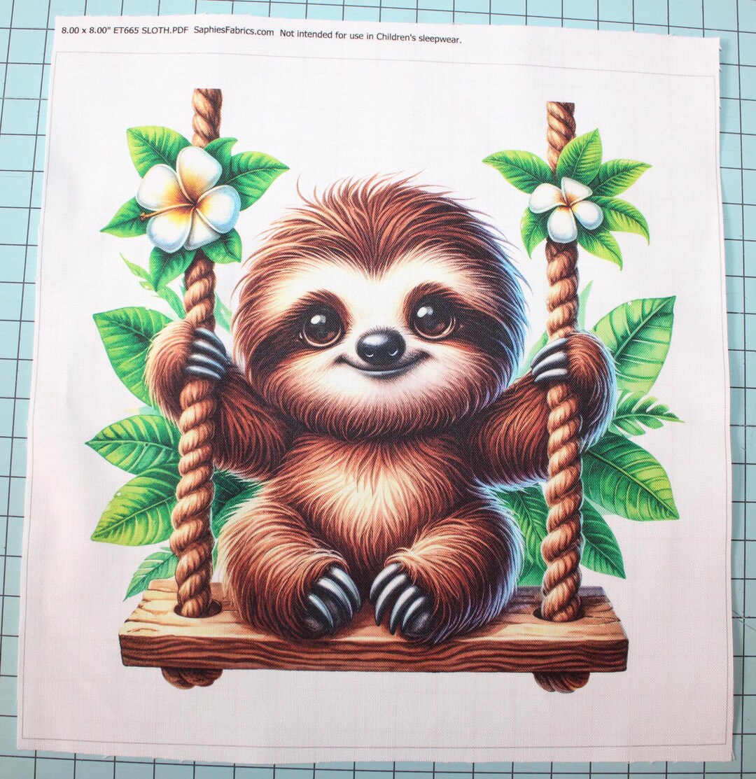 Sloth on Swing 100% Cotton Fabric Panel Square | Small Sewing Quilting ...