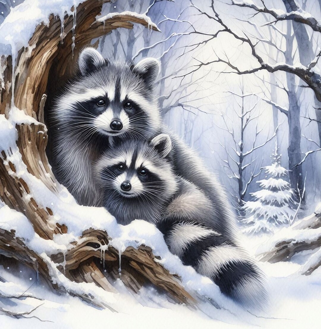 Snowy Raccoons 100% Cotton Fabric Panel Square Small Sewing Quilting ...