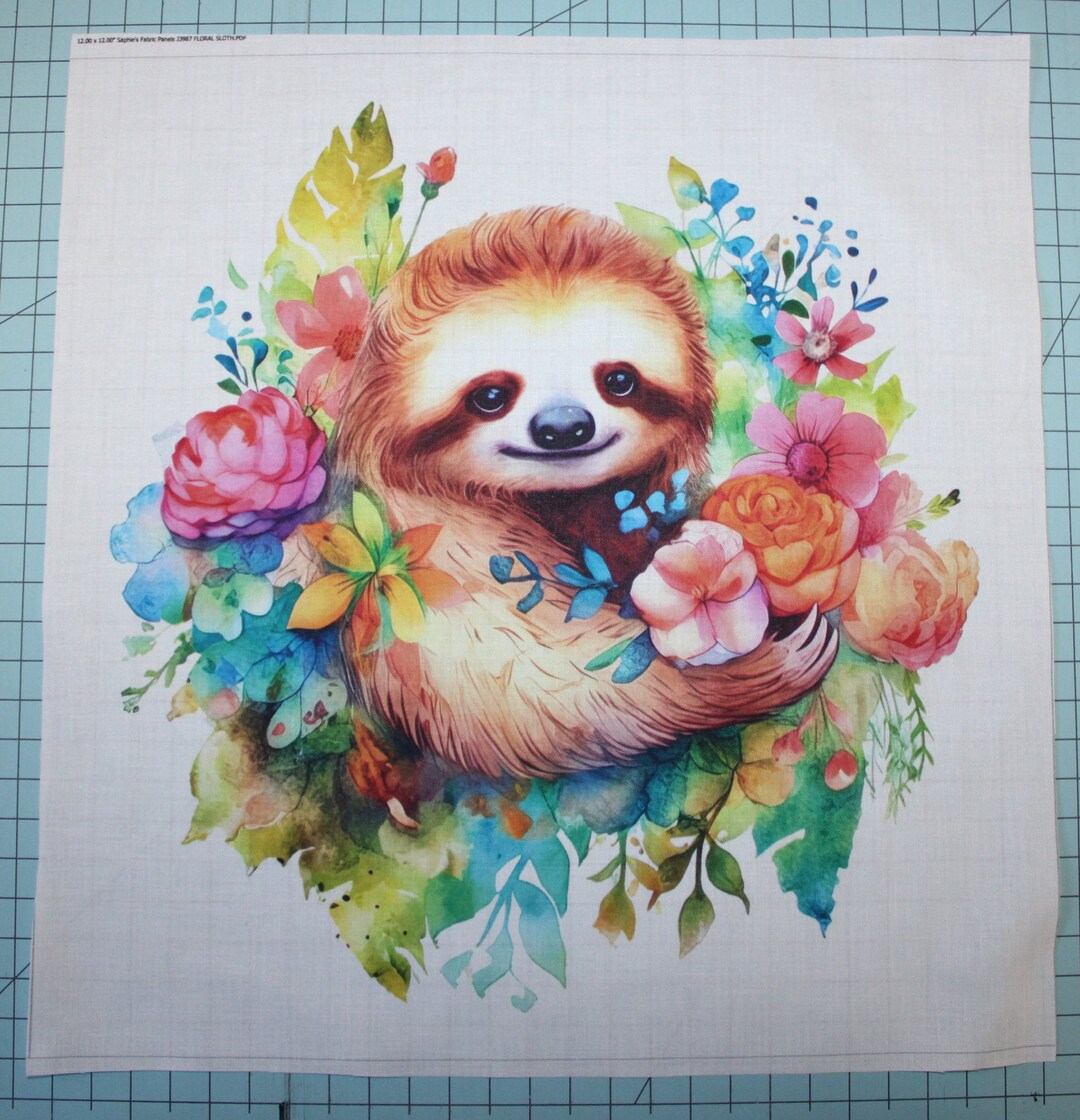 Floral Sloth 100% Cotton Fabric Panel Square Small Quilting Sewing ...