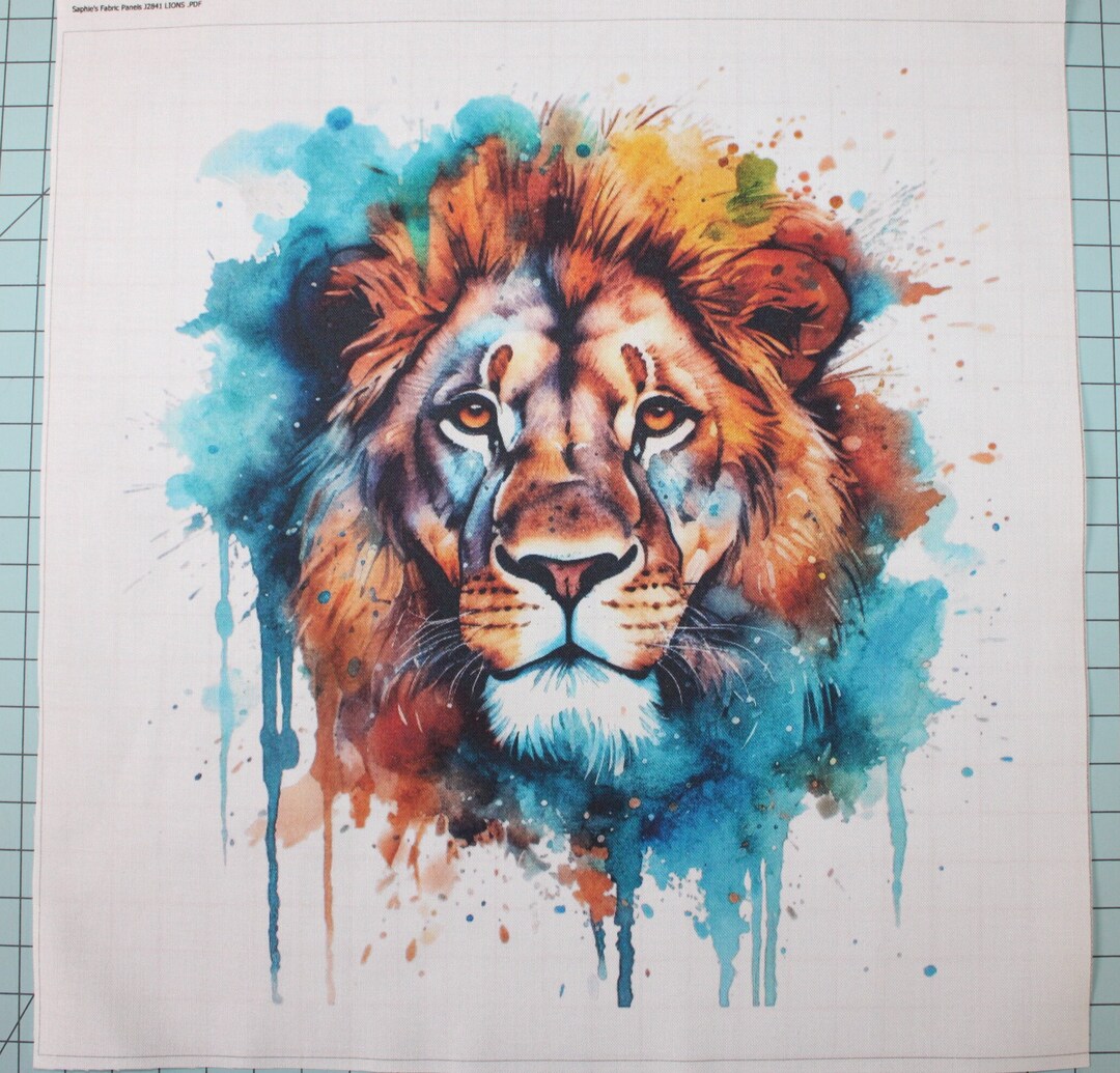 Watercolor Lion 100% Cotton Fabric Panel Square Small Quilting Sewing ...