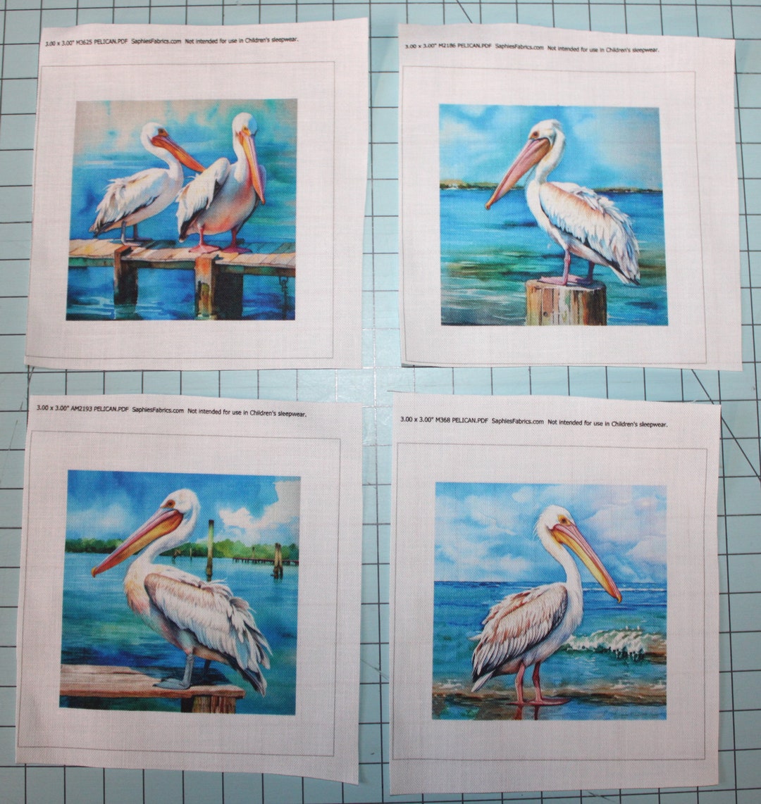 4 Piece 3x3 Pelicans Fabric Panel Blocks 100% Cotton Mini Fabric ...