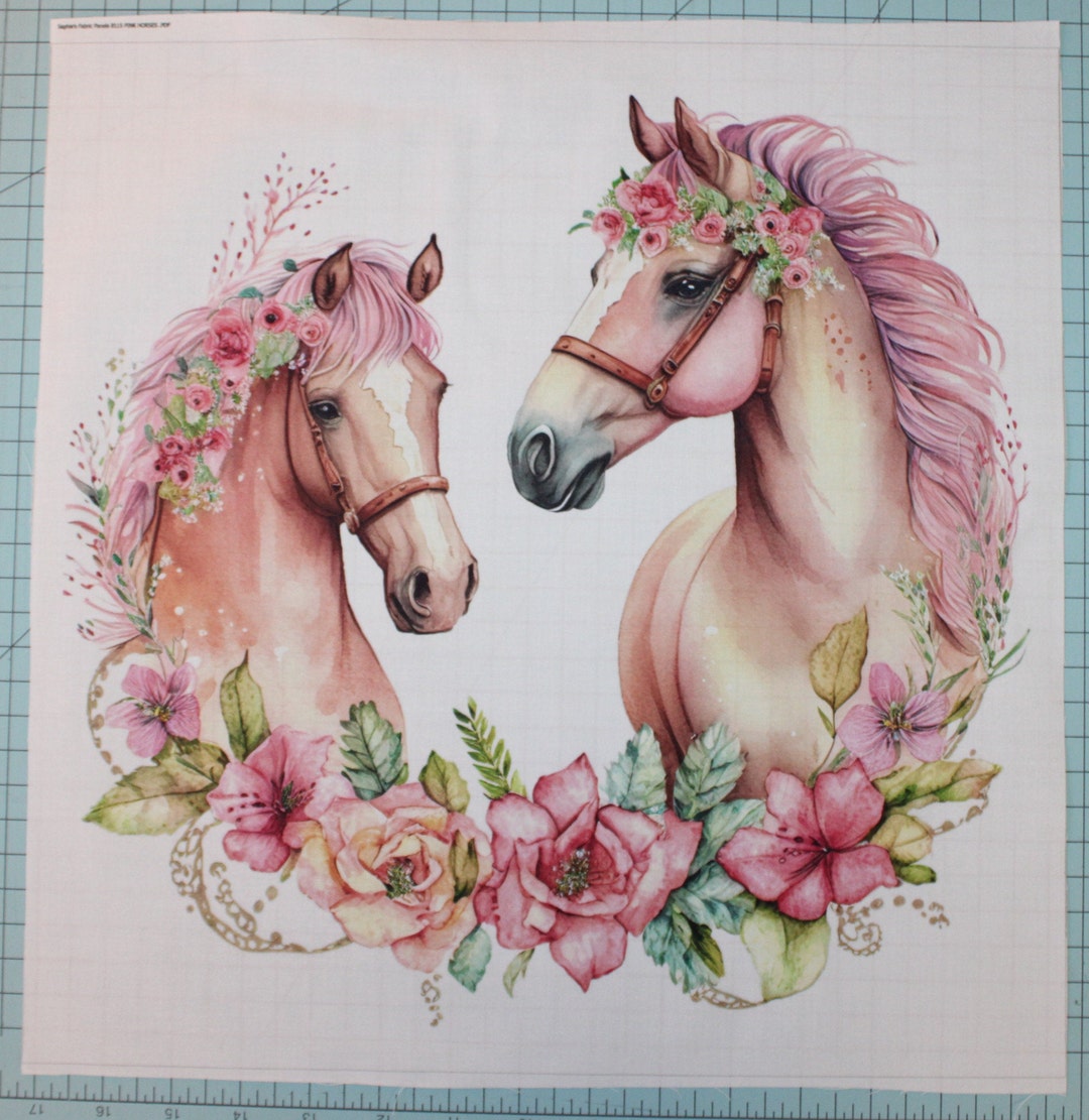 Floral Pink Horse Horses 100% Cotton Fabric Panel Square Small Quilting ...