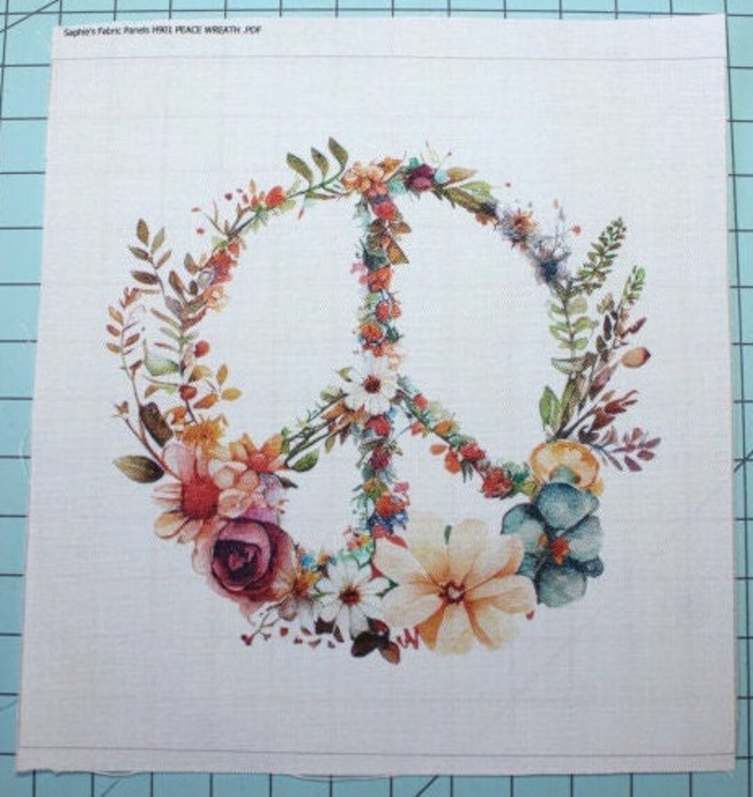 Floral Peace Sign 100% Cotton Fabric Panel Square Small Quilting Sewing ...