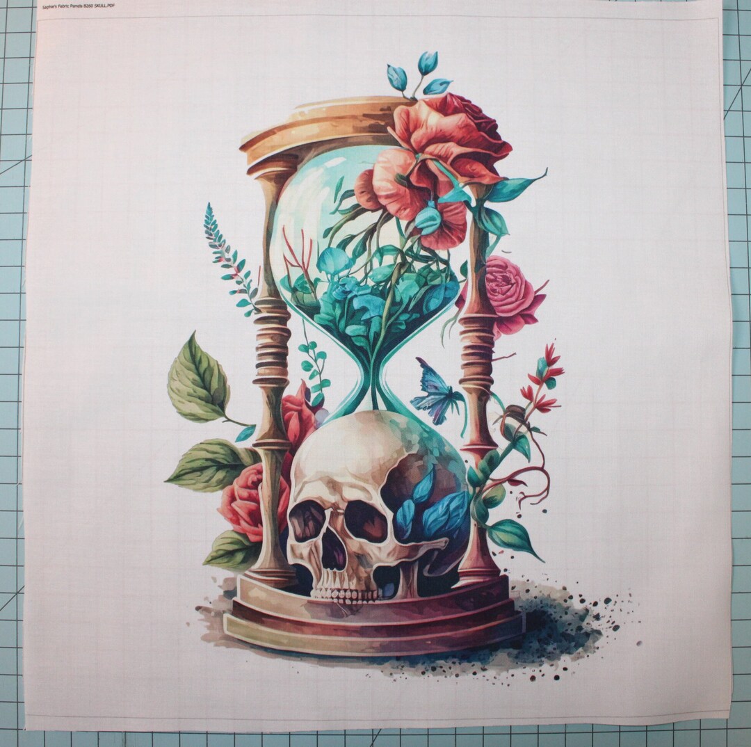 Hourglass Skull 100% Cotton Fabric Panel Square Small Quilting Sewing ...