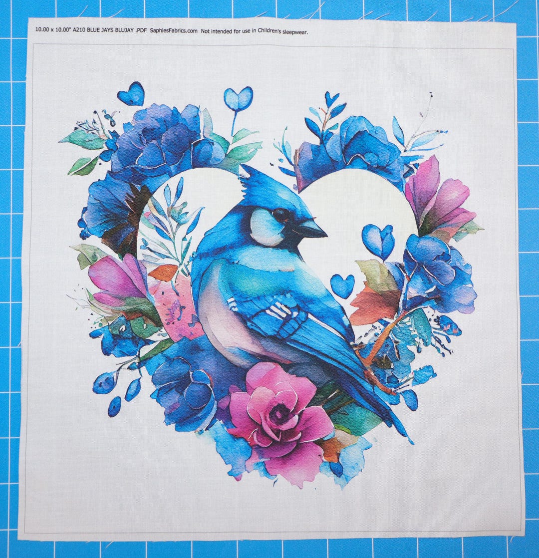 Floral Blue Jay 100% Cotton Fabric Panel Block | Small Quilting Sewing ...
