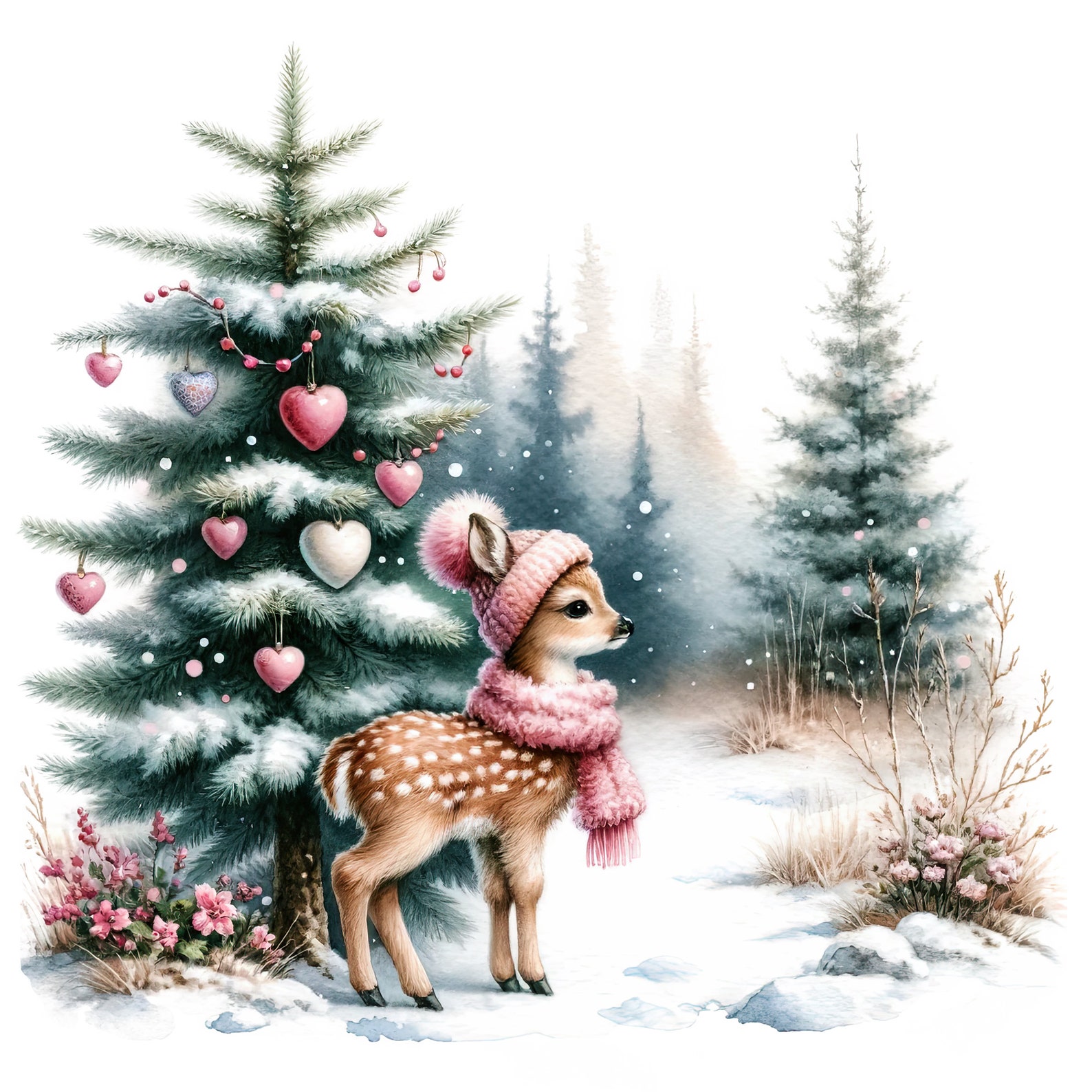 Pink Winter Deer 100% Cotton Fabric Panel Square Small Sewing Quilting ...