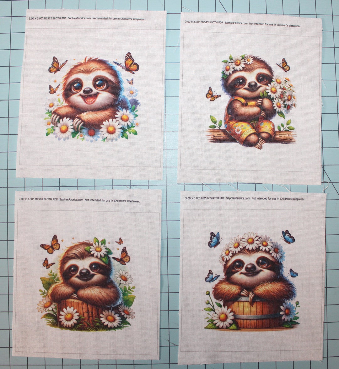 4 Piece 3x3 Sloths Fabric Panel Blocks 100% Cotton Mini Fabric Squares ...