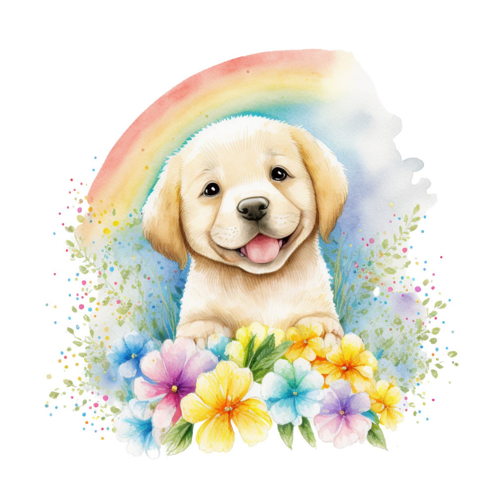 Puppy Dog Rainbow With Flowers 100% Cotton Fabric Panel Square - Etsy