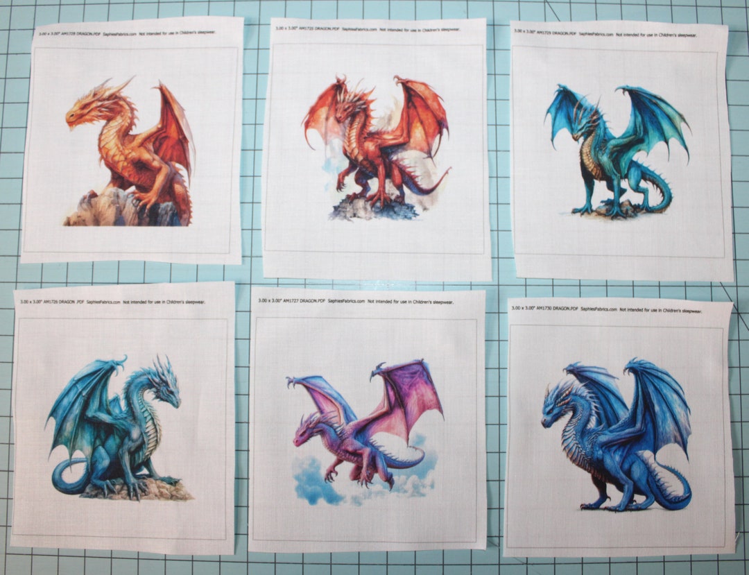 6 Piece Mini 3"x3" Dragons Fabric Panel Blocks | 100% Cotton Squares ...