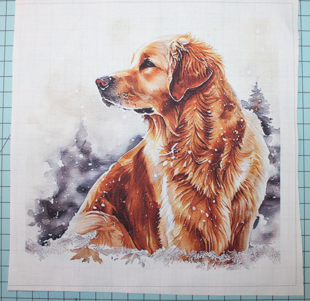 Golden Retriever Dog Winter 100% Cotton Fabric Panel Square Small ...