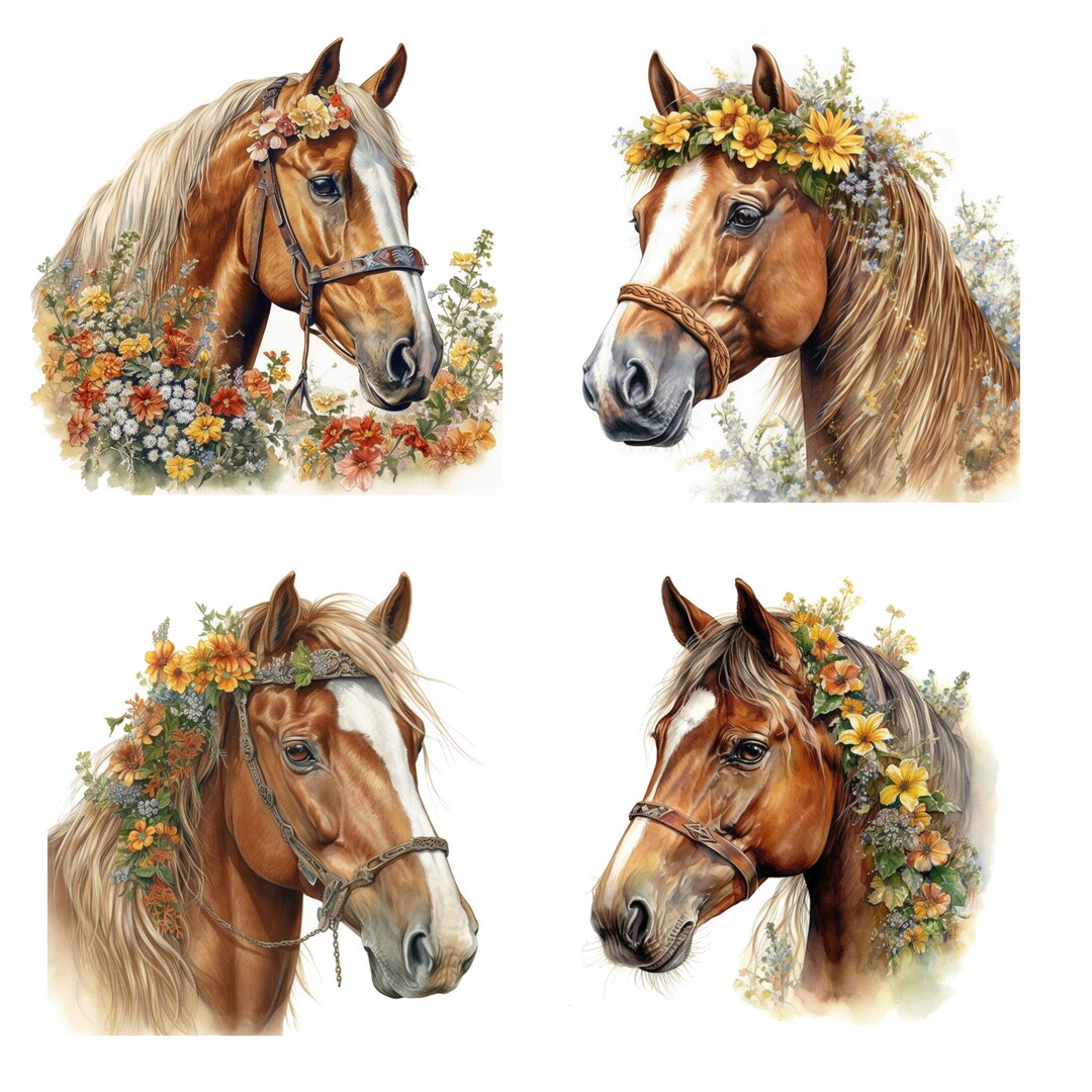 4 Piece 3x3 Floral Horses Fabric Panel Squares 100% Cotton Mini Fabric ...