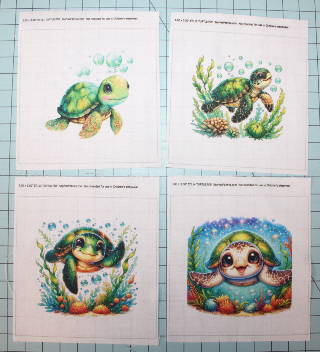 4 Piece 3x3 Turtles Fabric Panel Blocks 100% Cotton Mini Fabric Squares ...