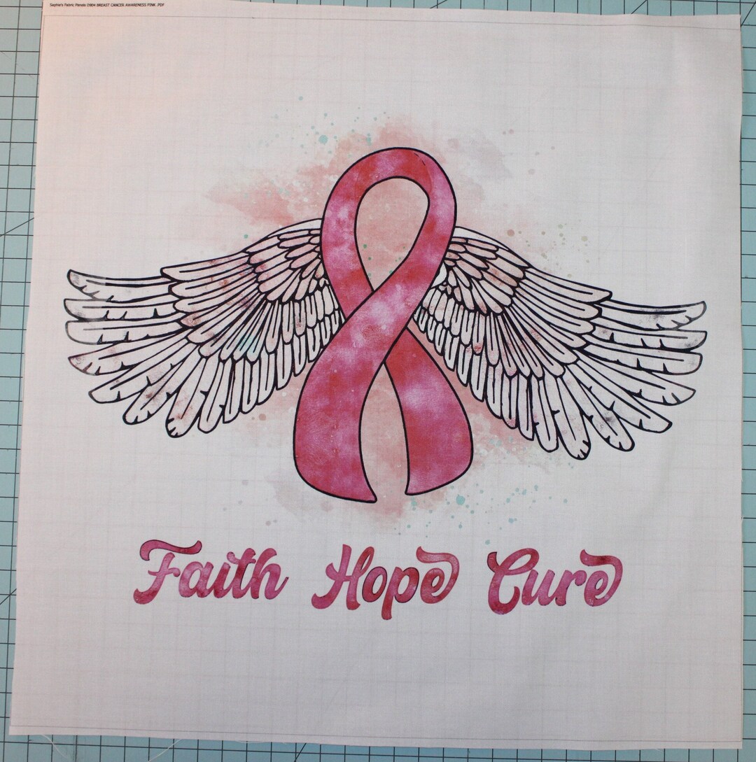 Breast Cancer Awareness Ribbon Faith Hope Cure 100% Cotton Fabric Panel ...
