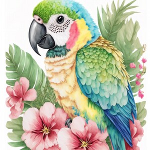 Tropical Parrot Bird Floral 100% Cotton Fabric Panel Square Quilting ...