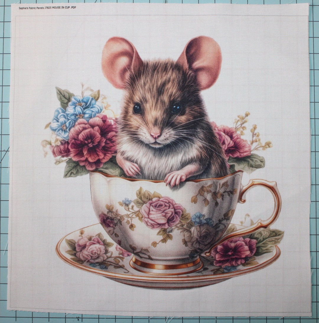 Mouse in Floral Teacup 100% Cotton Fabric Panel Square Small Quilting ...