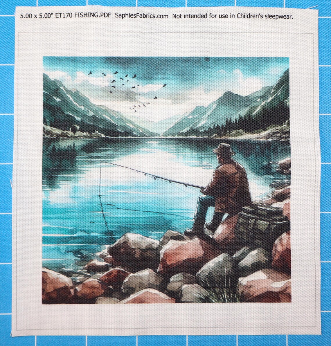 Man Fishing in Lake 100% Cotton Fabric Panel Block Quilt Square ET170 ...