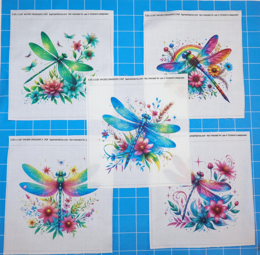 5 Piece 3x3 Dragonflies Fabric Panel Blocks 100% Cotton Mini Fabric ...