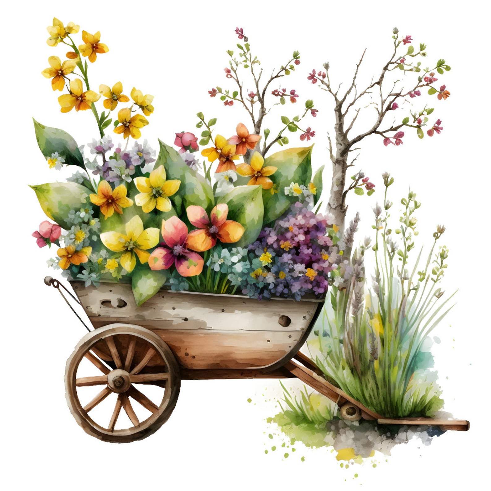 Watercolor Boho Floral Wheel Barrow 100% Cotton Fabric Panel - Etsy