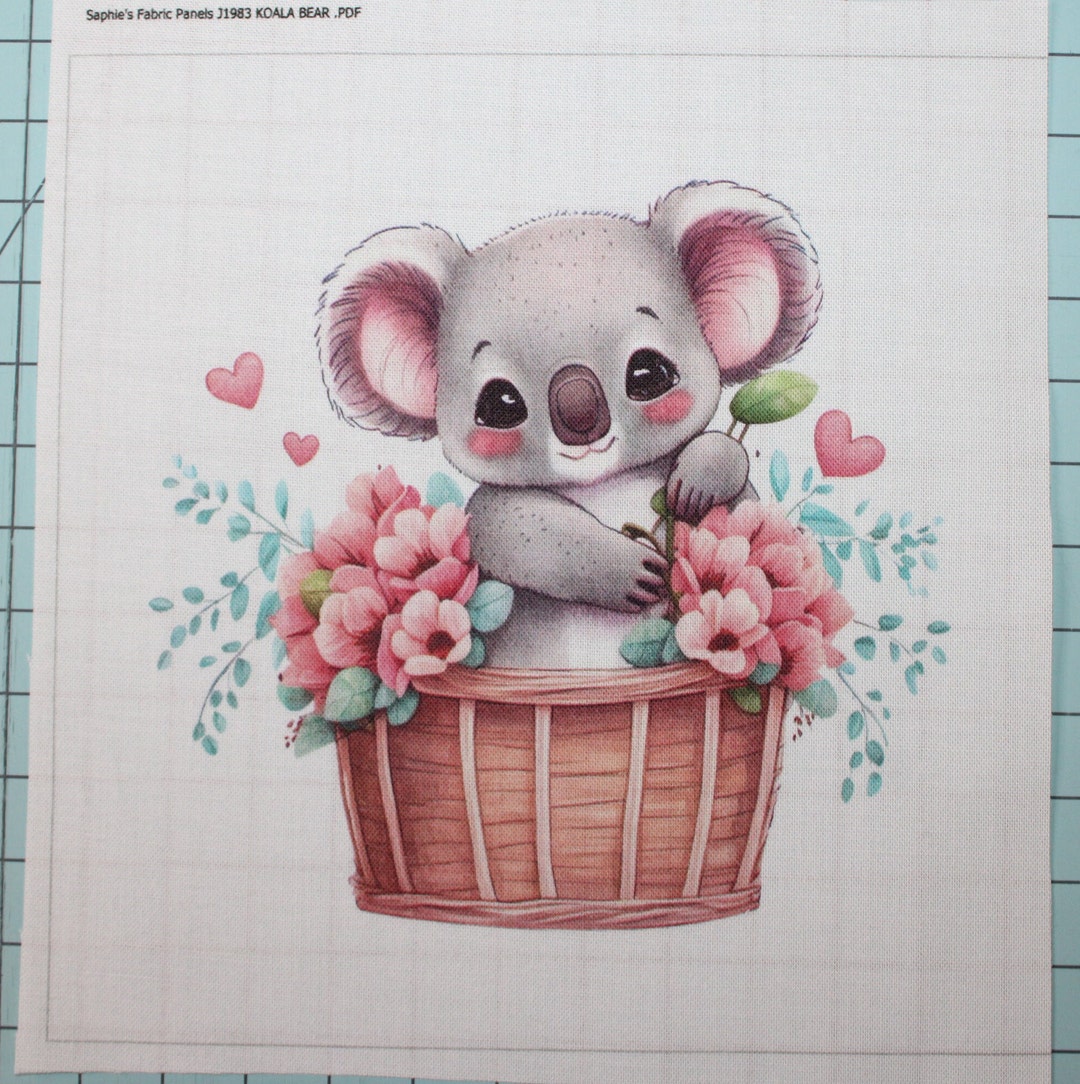 Koala Bear in Basket 100% Cotton Fabric Panel Square Small Sewing Panel ...