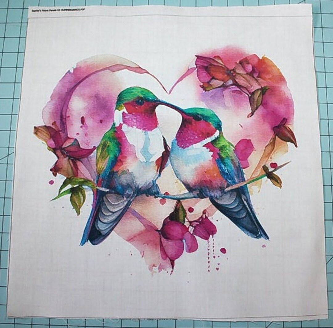 Hummingbirds Couple Floral 100% Cotton Fabric Panel Square Small Sewing ...